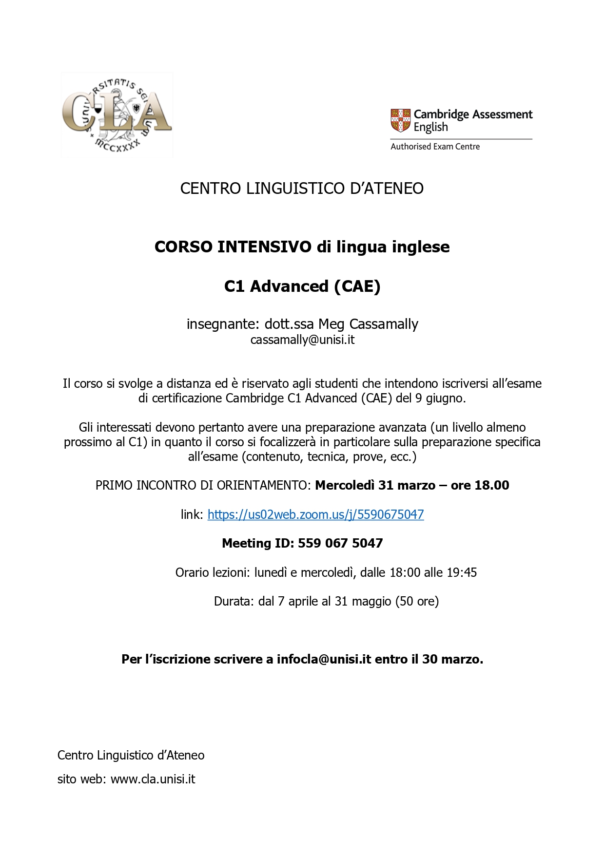 Corso intensivo di lingua inglese C1 Advanced (CAE) | Università degli Studi di Siena